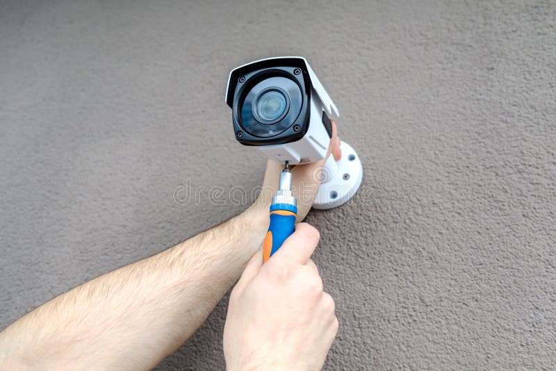 Technician Worker Installing Video CCTV Camera Stock Photo - Image of ...