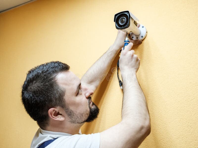 Technician Worker Installing Video Surveillance Camera Stock Photo ...