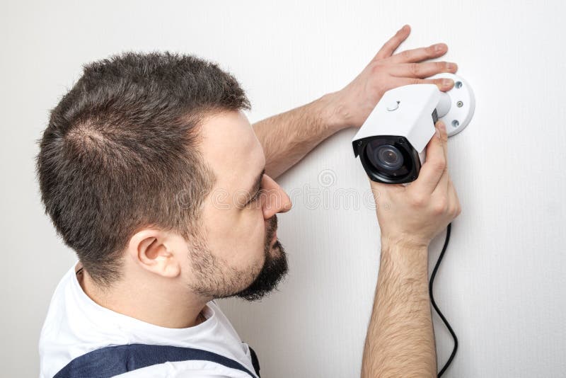 Technician Worker Installing Video Surveillance Camera Stock Image ...