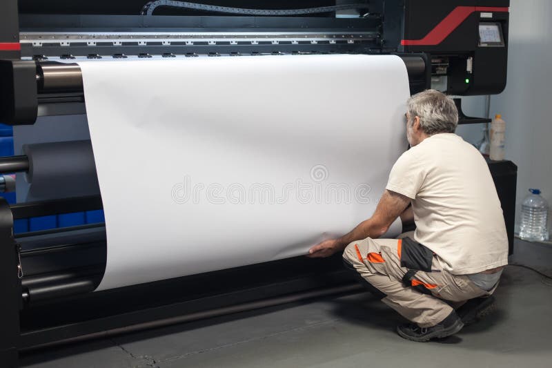 Technician Operator Works on Large Premium Industrial Printer Plotter ...