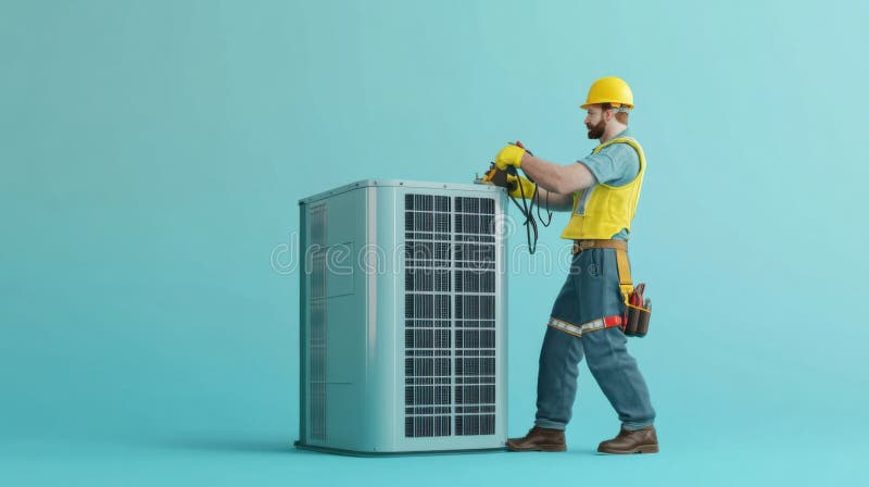 Technician Working on Air Conditioning Unit Indoors with Tools and ...