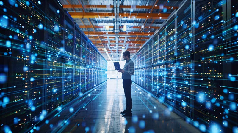 Technician Working in Data Center with Glowing Servers Stock Photo ...