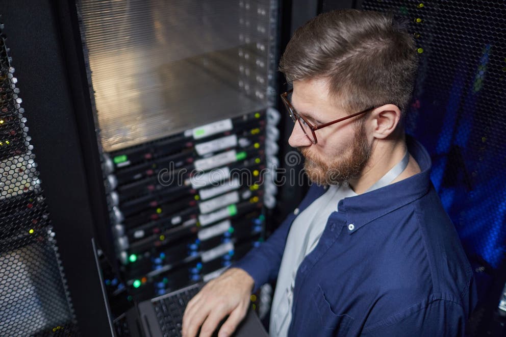Technician Working in Data Center with Server Racks Stock Image - Image ...