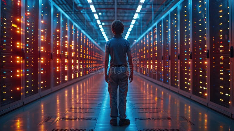 It Technician Working in a Data Center Surrounded by Server Racks at ...