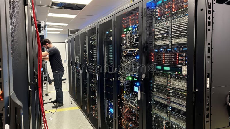 Technician Working Efficiently in a Modern Server Room Stock Image ...