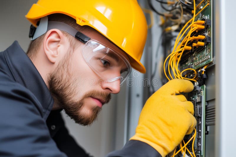 Technician Working on Electrical Wiring in Control Panel. Electrical ...