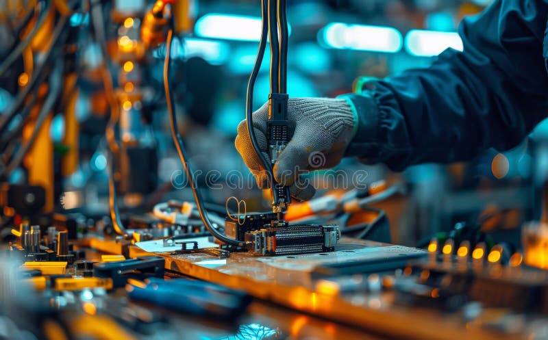 Technician Working with Electronics in a Workshop, Testing Circuit ...