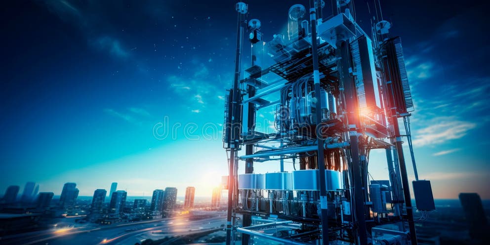 Technician Working on a 5G Cell Tower, Highlighting the Infrastructure ...