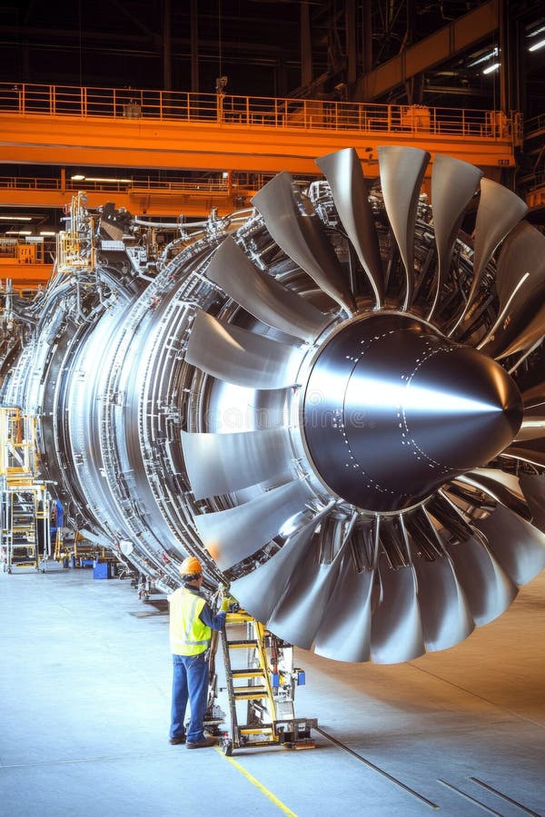 Technician Working, Inspecting Massive Turbine Engine in Aviation ...