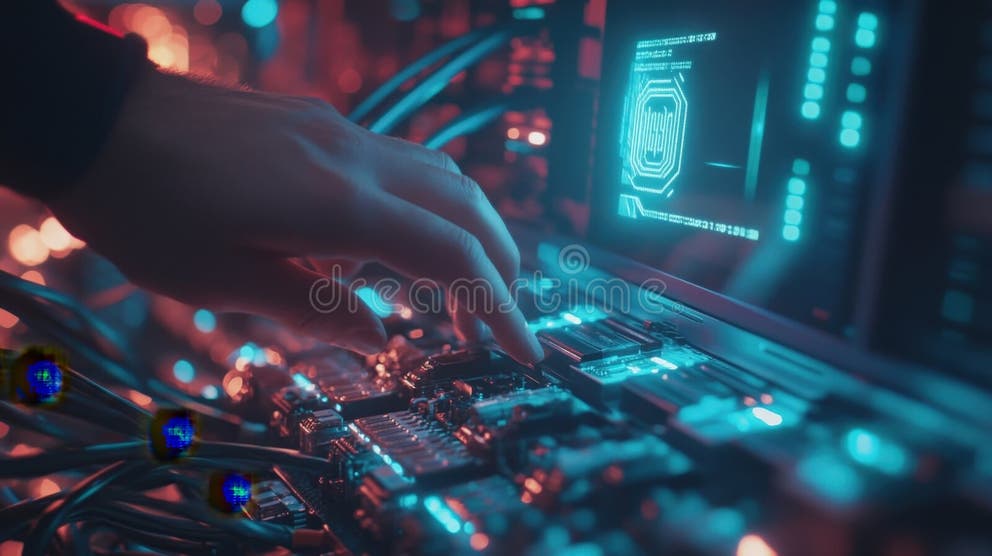 Technician Working on Motherboard and Displaying Security Software ...