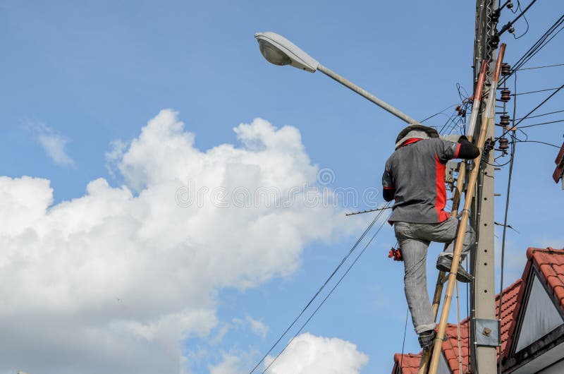 Technician is Working on Pole Stock Photo - Image of optical ...