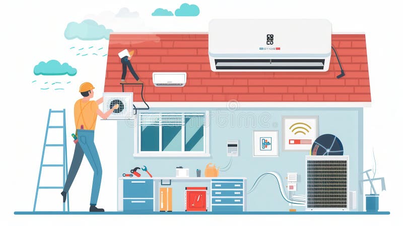 Technician Conducts Air Conditioner Installation in a Residential Home ...