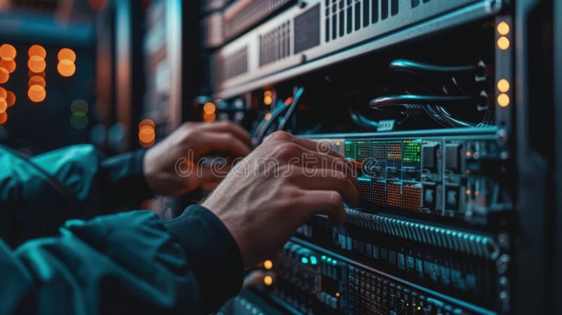 Technician Working on a Server in a Data Center Full of Rack-mounted ...