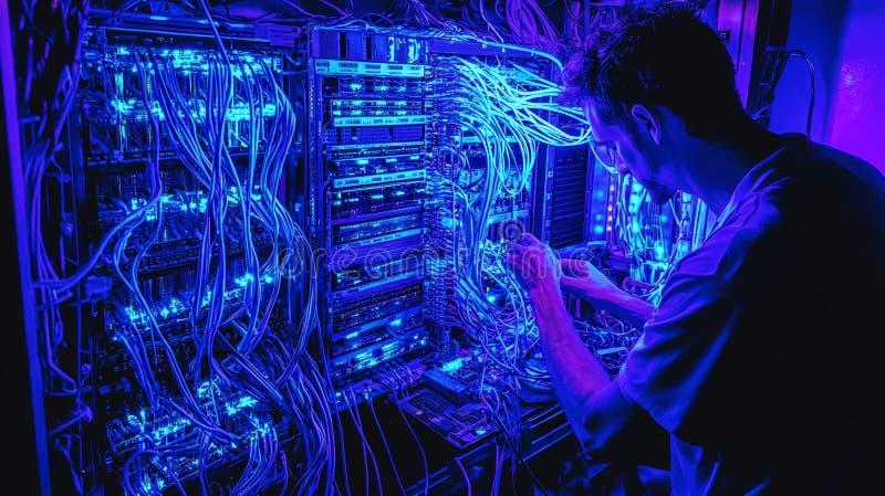 Technician Working on Server Rack Data Center Network Cables Blue Light ...