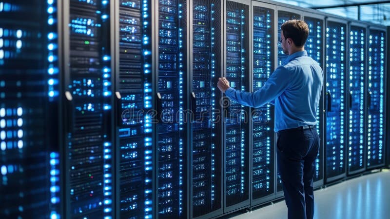 A Technician Working on Server Racks in a Data Center, Illuminated by ...
