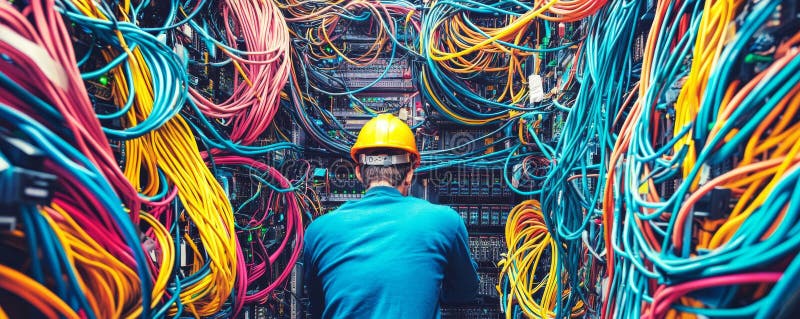 Technician Working in Server Room with Colorful Network Cables ...