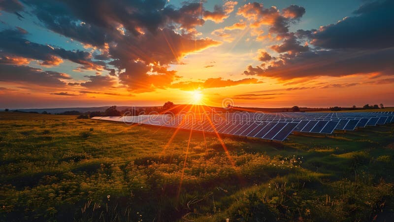 Technician Working on Solar Panels in Field Against Sunset Renewable ...