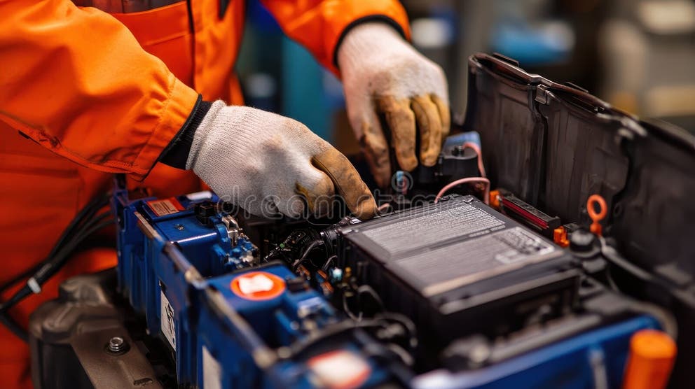 A Technician Working on a Vehicle Battery in a Workshop Stock ...