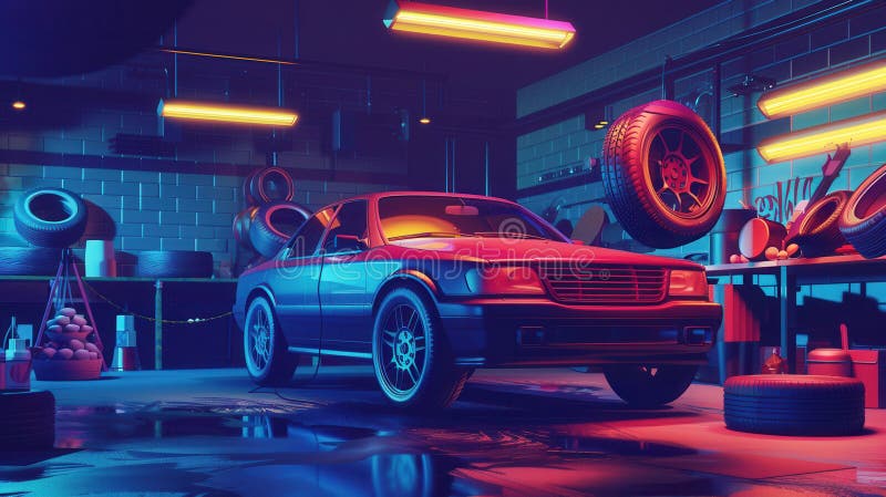 A Technician Works on Changing Tires in a Vibrant Workshop Filled with ...