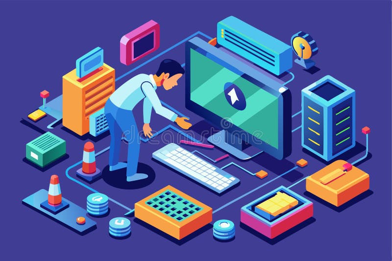 A Technician Works on Computer Troubleshooting Surrounded by Various ...