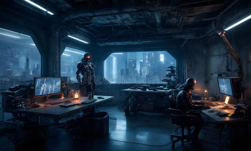 Cyberpunk Technician with Robot Stock Photo - Image of robot ...