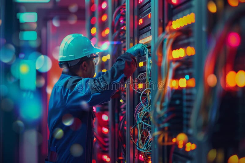A Technician Works Diligently in a High-tech Data Center. Bright Lights ...