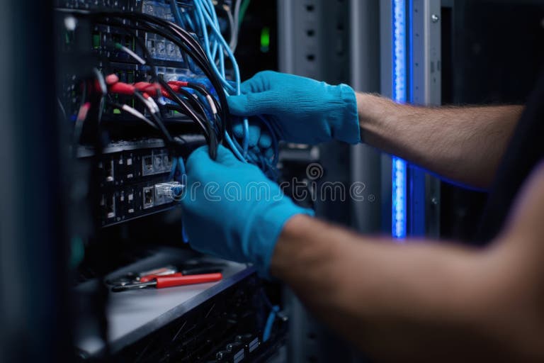 Technician Managing Network Cables in Server Room during Routine Maintenance Task Stock ...