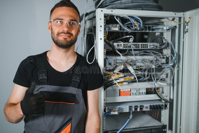 A Technician Works with Server Equipment in a Data Center. a Man ...