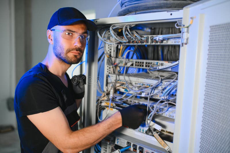 A Technician Works with Server Equipment in a Data Center. a Man ...
