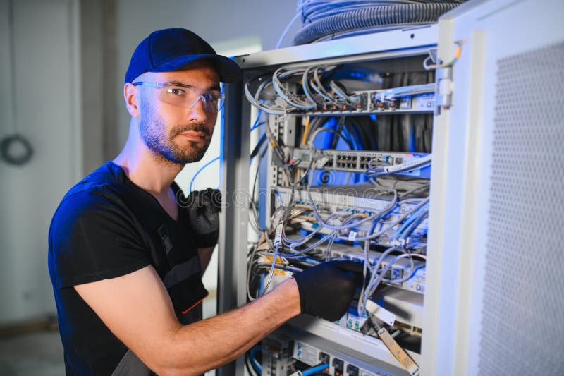 A Technician Works with Server Equipment in a Data Center. a Man ...