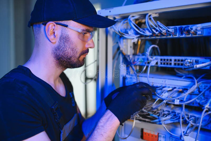 A Technician Works with Server Equipment in a Data Center. a Man ...