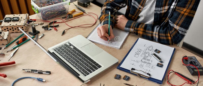 It Technician Writing Technical Scheme in Notebook Stock Image - Image ...