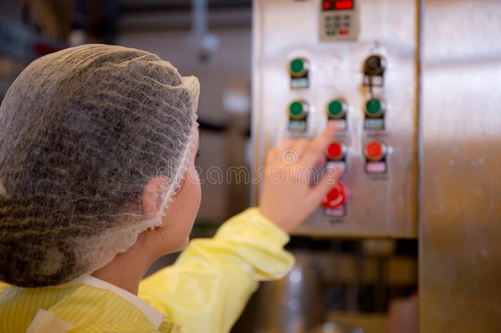 Technician Young Woman Adjust Control Panel of Machine in Factory for ...