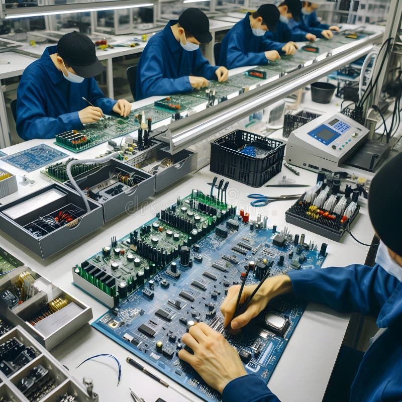 Technicians Assembling Electronic Circuit Boards in Modern Factory ...