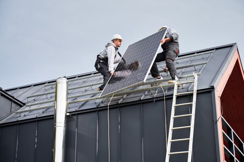 Technicians Carrying Photovoltaic Solar Module while Installing Solar ...