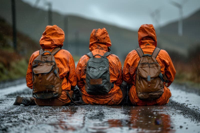 Technicians Carrying Tools Walk Along Road in Wind Farm with Turbines ...
