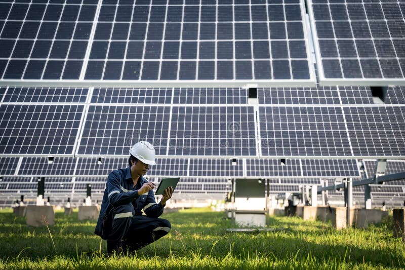 Technicians are Checking the Operation of the Solar Power Plant. Stock ...