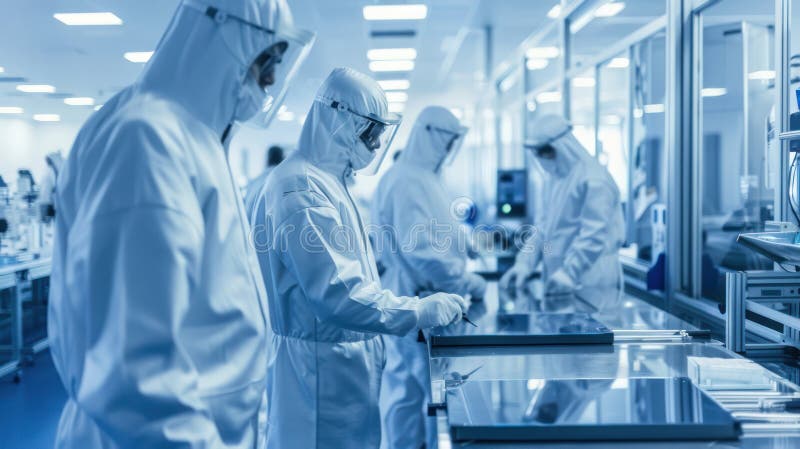 Technicians in Cleanroom Suits Working on Semiconductor Stock ...