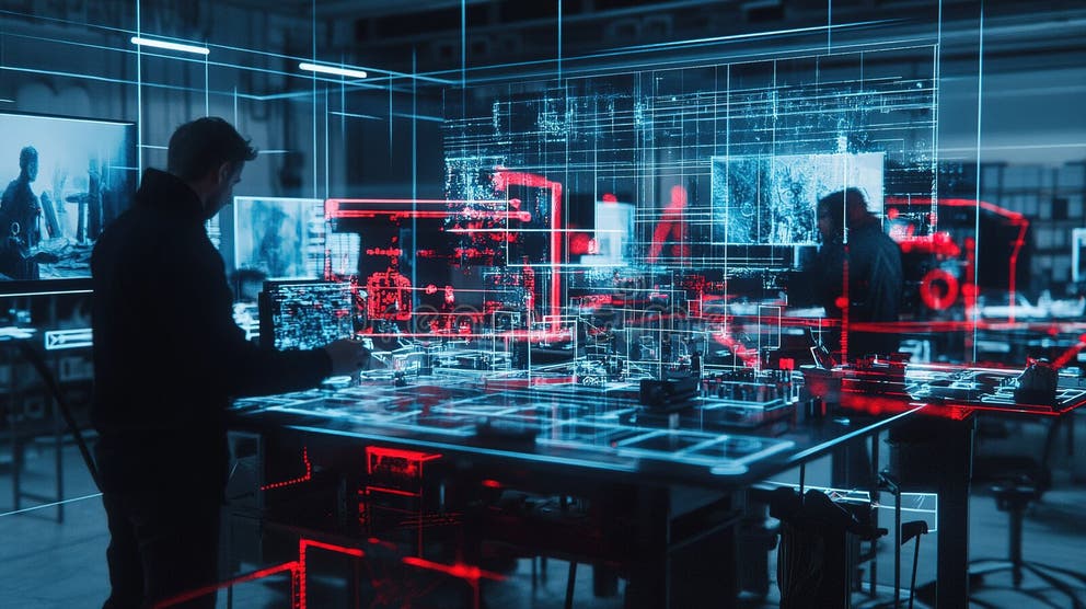 Technicians Collaborating in a High-tech Lab Using Digital Displays and ...