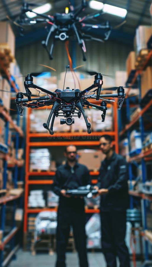 Technicians Conducting Drone Safety Check in Warehouse for Secure ...