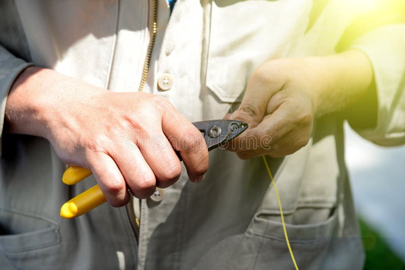 Technicians Cutting Fiber Optic Cables. Stock Image - Image of data ...