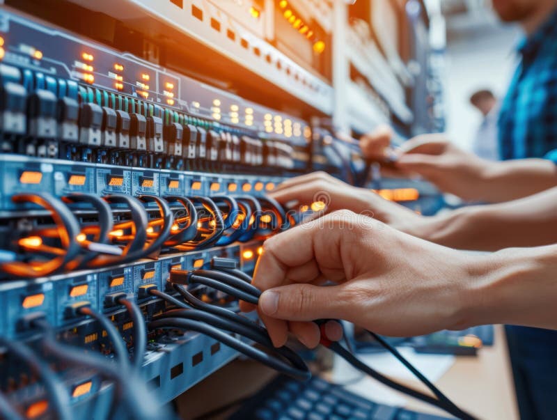 Technicians Working on Network Server Cables in Data Center Stock ...