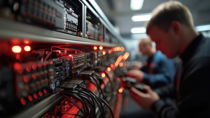 Technicians Managing Network Equipment in Illuminated Server Room Stock ...