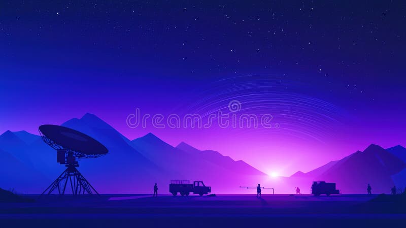 Technicians Operating a Satellite Dish Under a Starry Night Sky in a ...