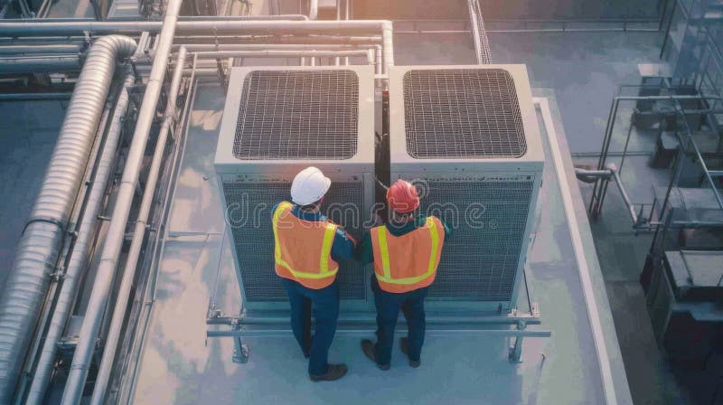 Technicians Perform Maintenance on Large Industrial Cooling Units at a ...