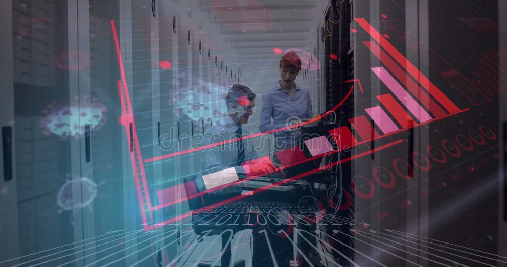 Technicians in Server Room Analyzing Data with Digital Graphs Overlay Stock Image - Image of ...
