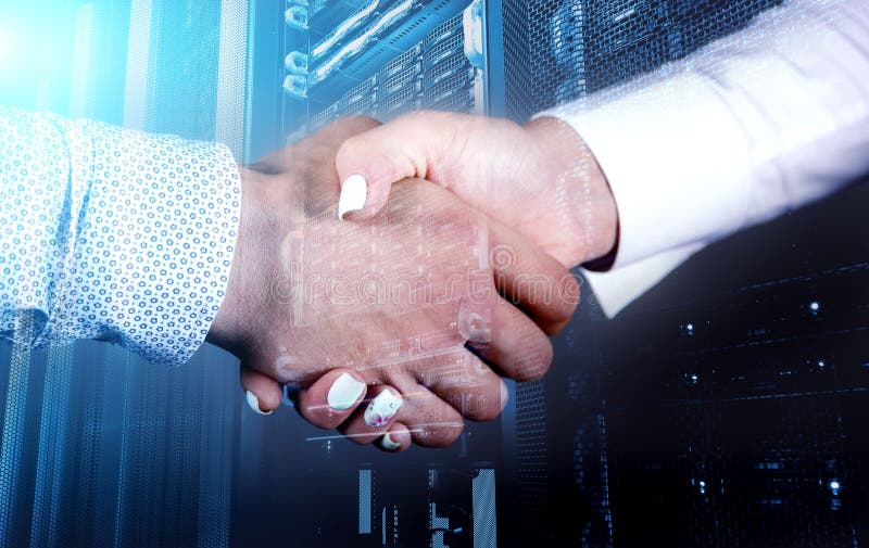 Technicians Shaking Hands in Server Room at the Data Centre, Double ...