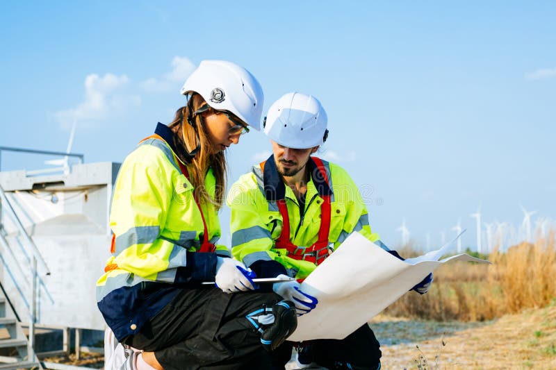 Technicians Team with Safety Uniform Working at Wind Turbine Field ...