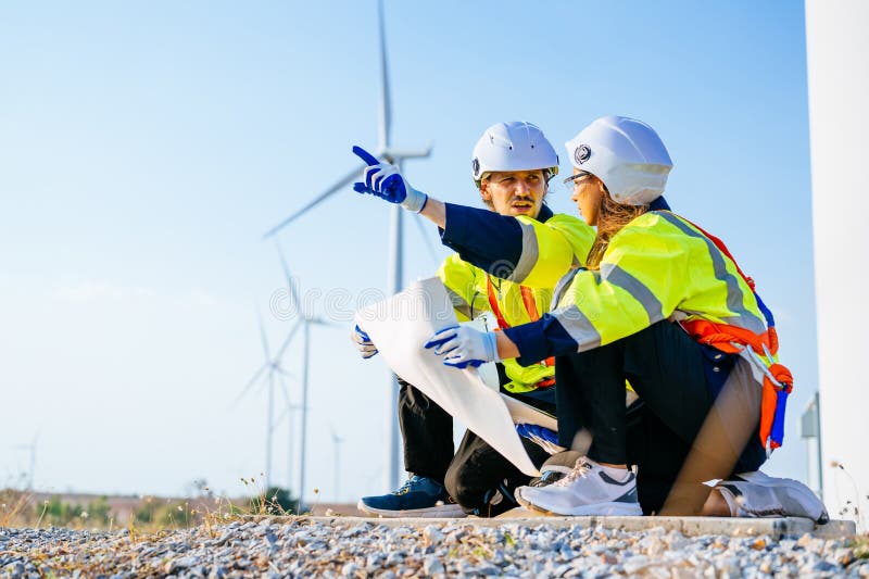 Technicians Team with Safety Uniform Working at Wind Turbine Field ...