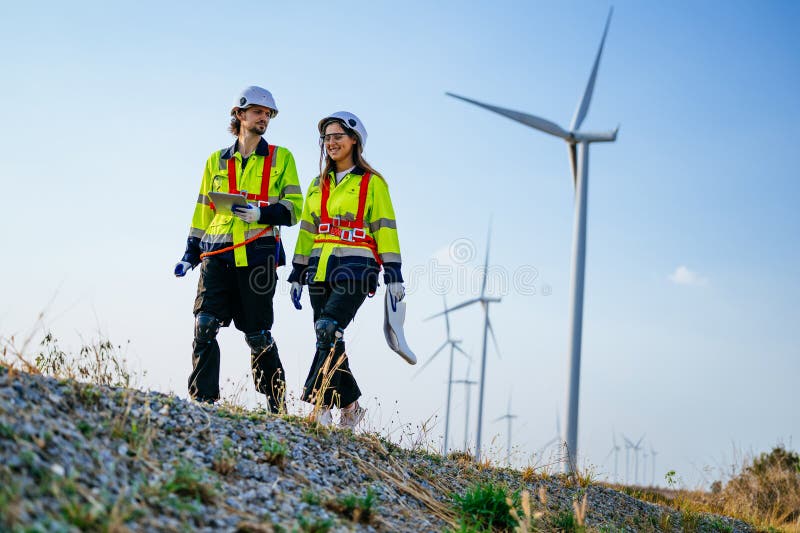 Technicians Team with Safety Uniform Working at Wind Turbine Field ...